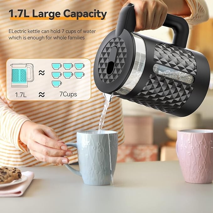 1.7L 1500W Electric Glass Kettle Glass Fast Boil LCD Screen LED Lights ...