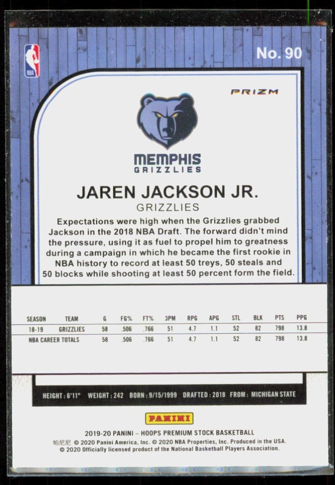 2019-20 Raw Jaren Jackson Jr. Memphis Grizzlies #90 Purple Disco Prizm ...