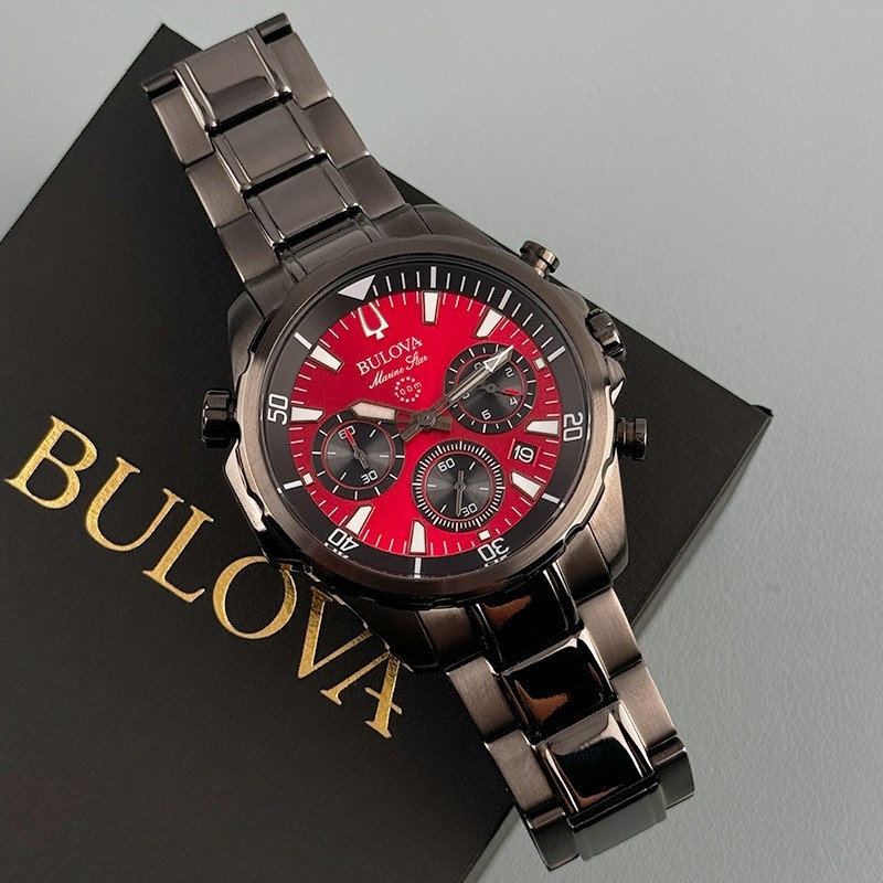 Bulova Marine Star 98B350 Chronograph Men's Quartz Watch Red Dial 43mm ...
