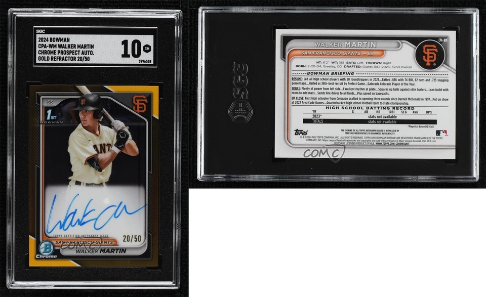 2024 Bowman Chrome Prospect Gold Refractor 20/50 Walker Martin SGC 10 ...