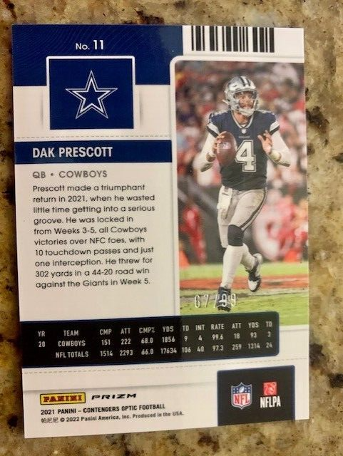 Dak Prescott DALLAS COWBOYS 2021 CONTENDERS OPTIC SEASON TICKET Card ...