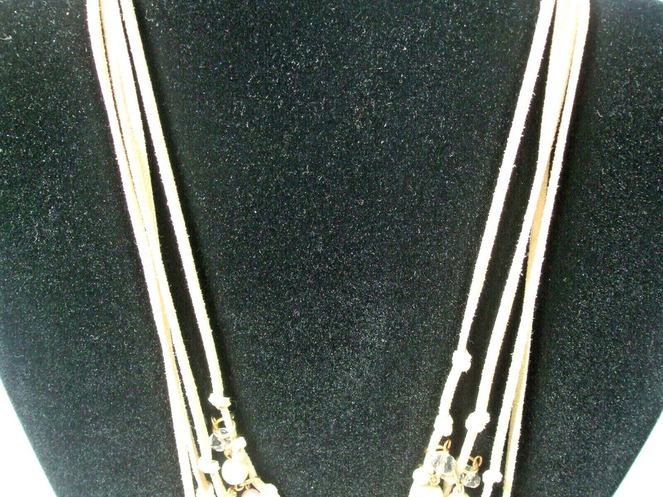 4 Strands Necklace Tan Leather Strings Beaded w Light Stones Gold Tone ...