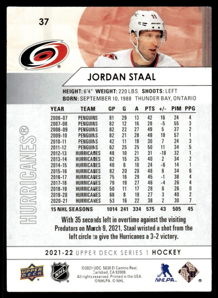 2021-22 Upper Deck Jordan Staal Carolina Hurricanes #37 11831 | eBay