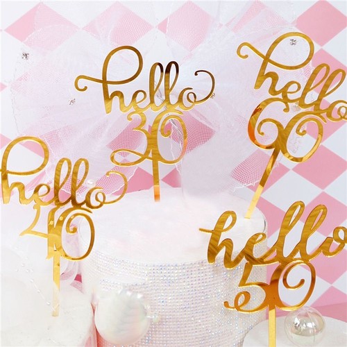 Birthday Gifts Gold Acrylic Letter Number Cake Topper Hello 21/30/40/50 ...