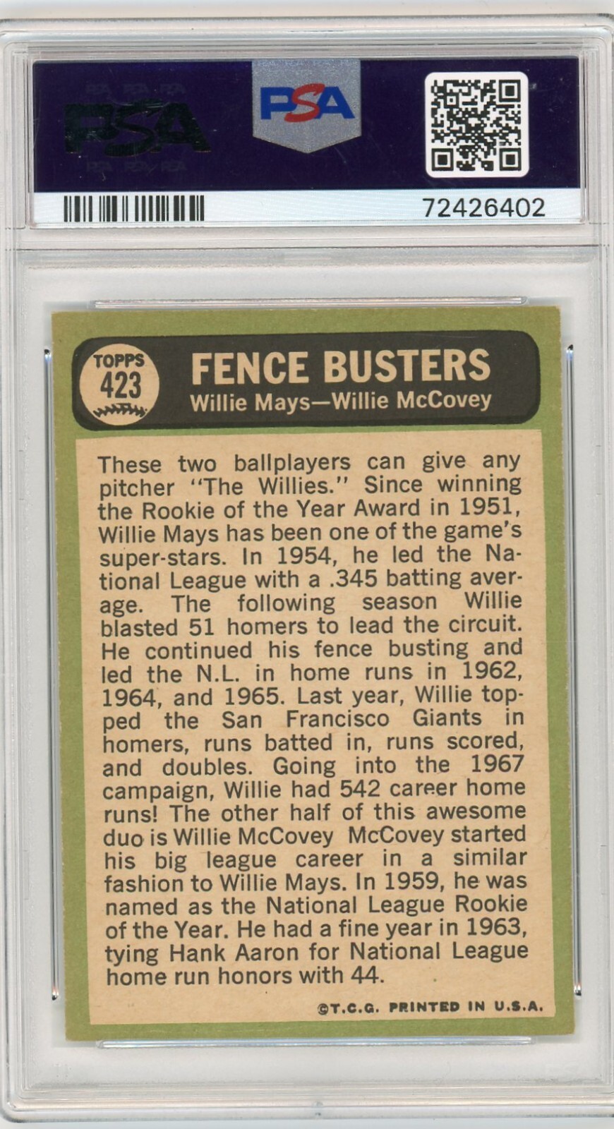 1967 Topps #423 Fence Busters w/ Willie Mays Willie McCovey HOF PSA 4 ...