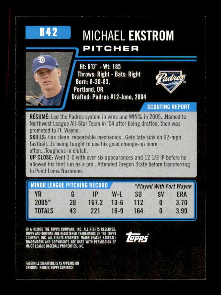 2006 Baseball Bowman Michael Ekstrom San Diego Padres #B42 Prospect | eBay