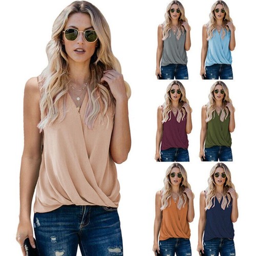 New Womens Vest Sleeveless Twist-front Tank Top Summer Casual Solid Color Blouse | eBay