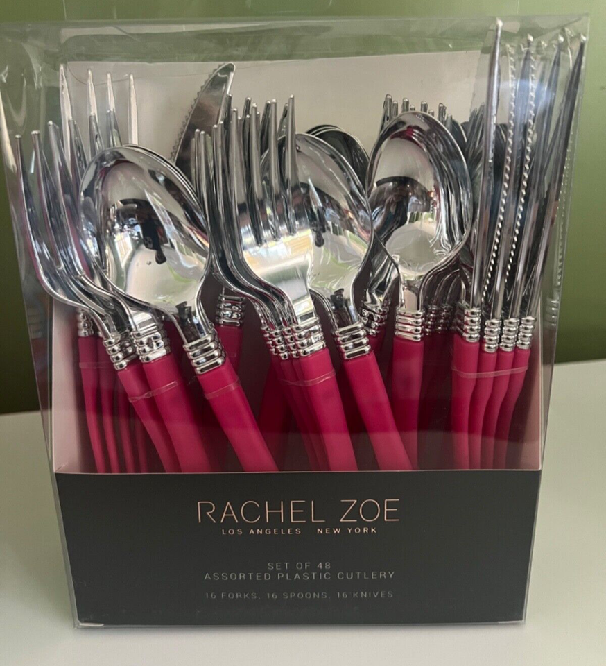 Set of 12 Rachel Zoe Pink Disposable 48 Plastic CUTLERY & C&C DINNER ...