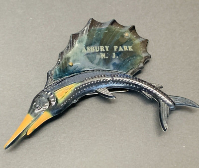 Vtg ASBURY PARK NJ Celluloid Plastic Swordfish Blue Fish Pin Brooch ...