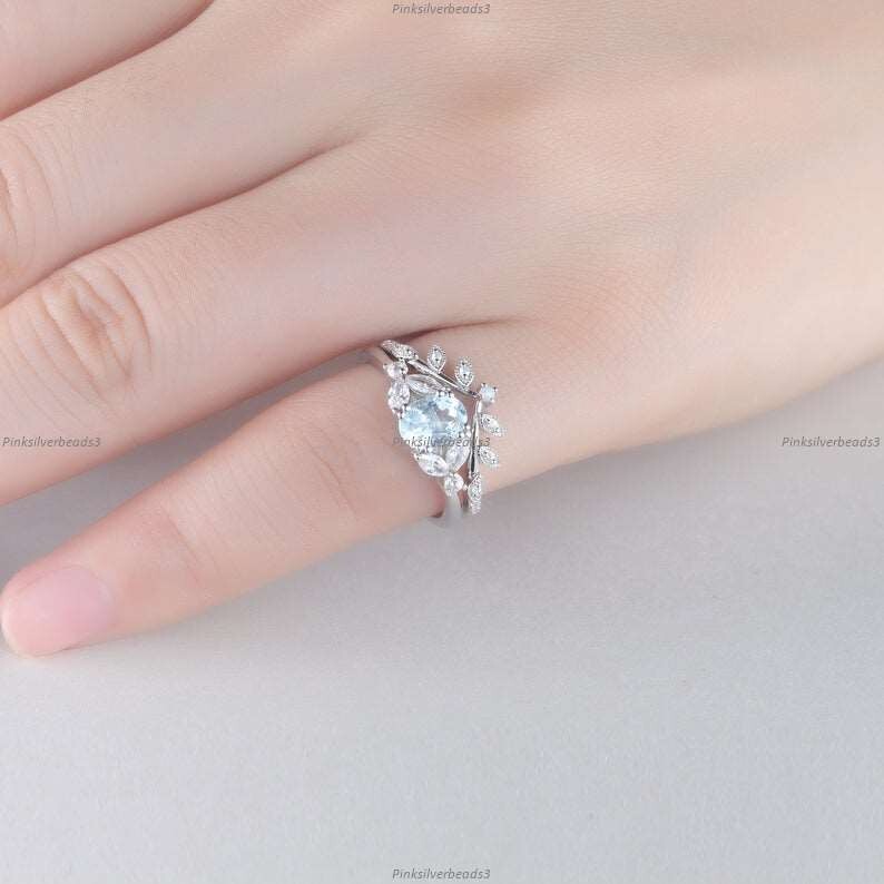 Aquamarine Diamond Twig Leaf Statement Engagement Ring 14k Gold Fine ...