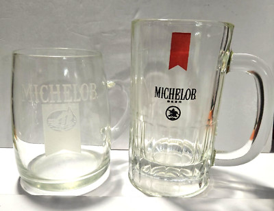 Lot of 2 Vintage Michelob Glass Beer Mugs Etched Logo, Red Ribbon Logo ...