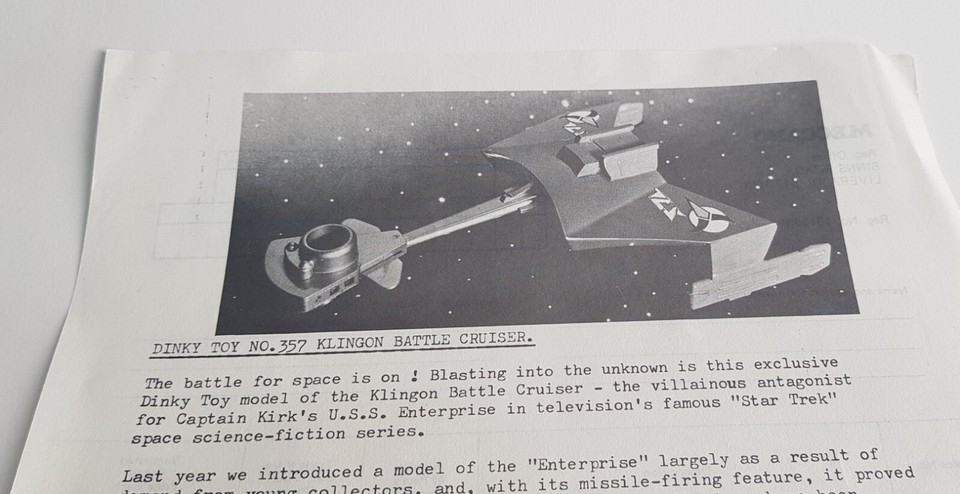 Dinky Toys, Klingon Battle Cruiser Original Order Form, Superb Un-used ...