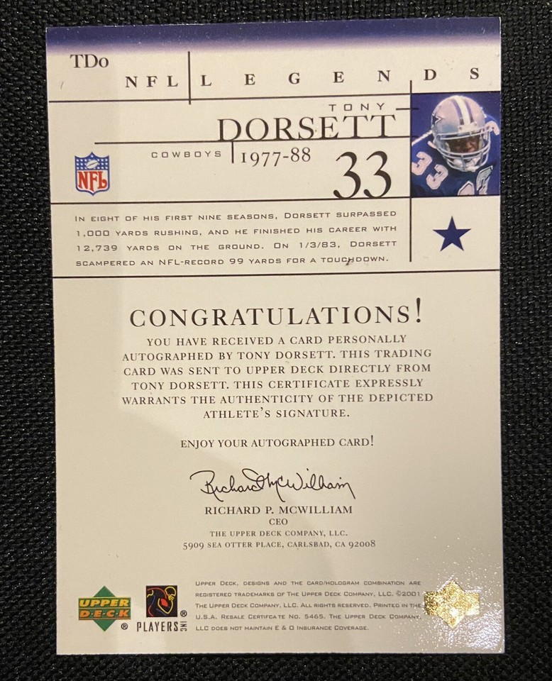 2001 UD Legends TONY DORSETT AUTO /100 Upper Deck Autograph SP SSP | eBay