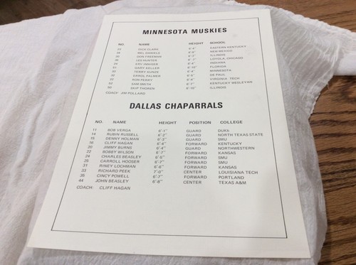 RARE 1967-68 ABA Basketball Minnesota Muskies & Dallas Chaparrals ...
