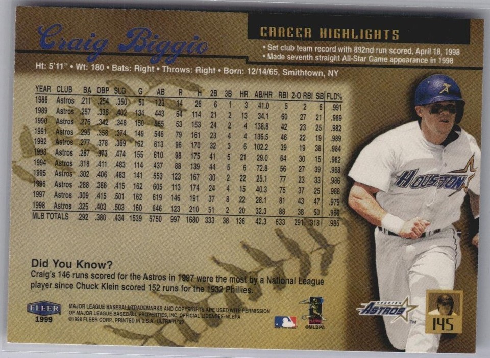 1999 Ultra Baseball Card #145 Craig Biggio hof | eBay