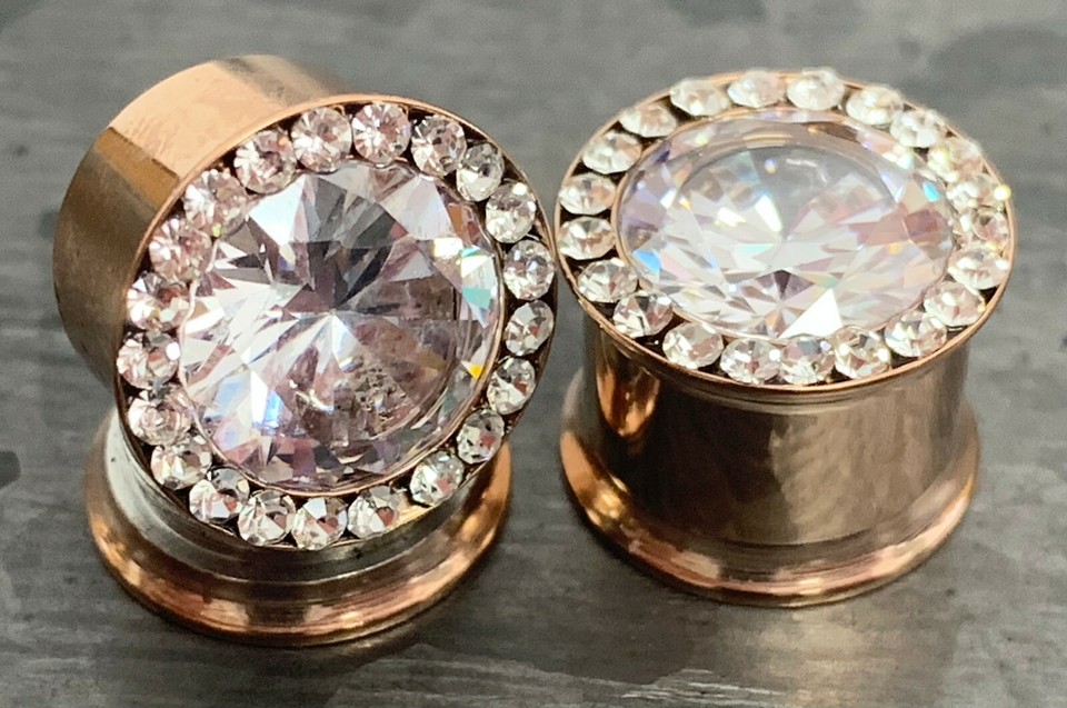 PAIR Large Gem w/Gem Rim Bling Internally Threaded Double Flare Tunnels ...
