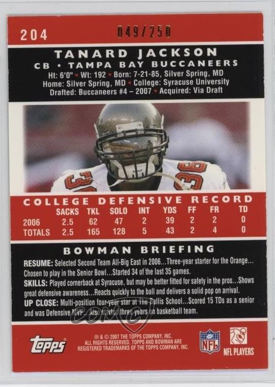 2007 Bowman Orange /250 Tanard Jackson #204 Rookie RC | eBay