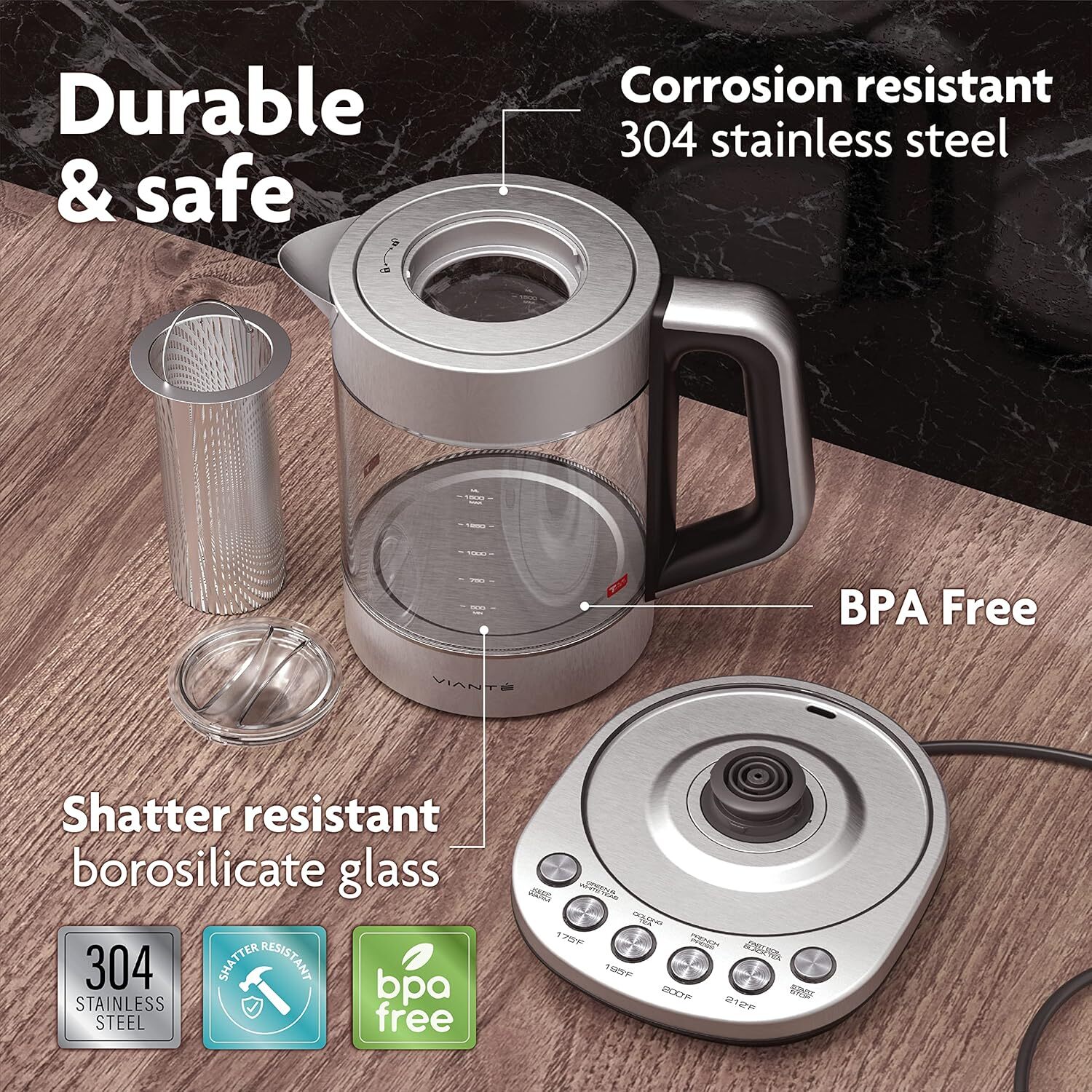 Vianté Electric Kettle With Tea Infuser For Loose Leaf Tea. Hot Tea ...