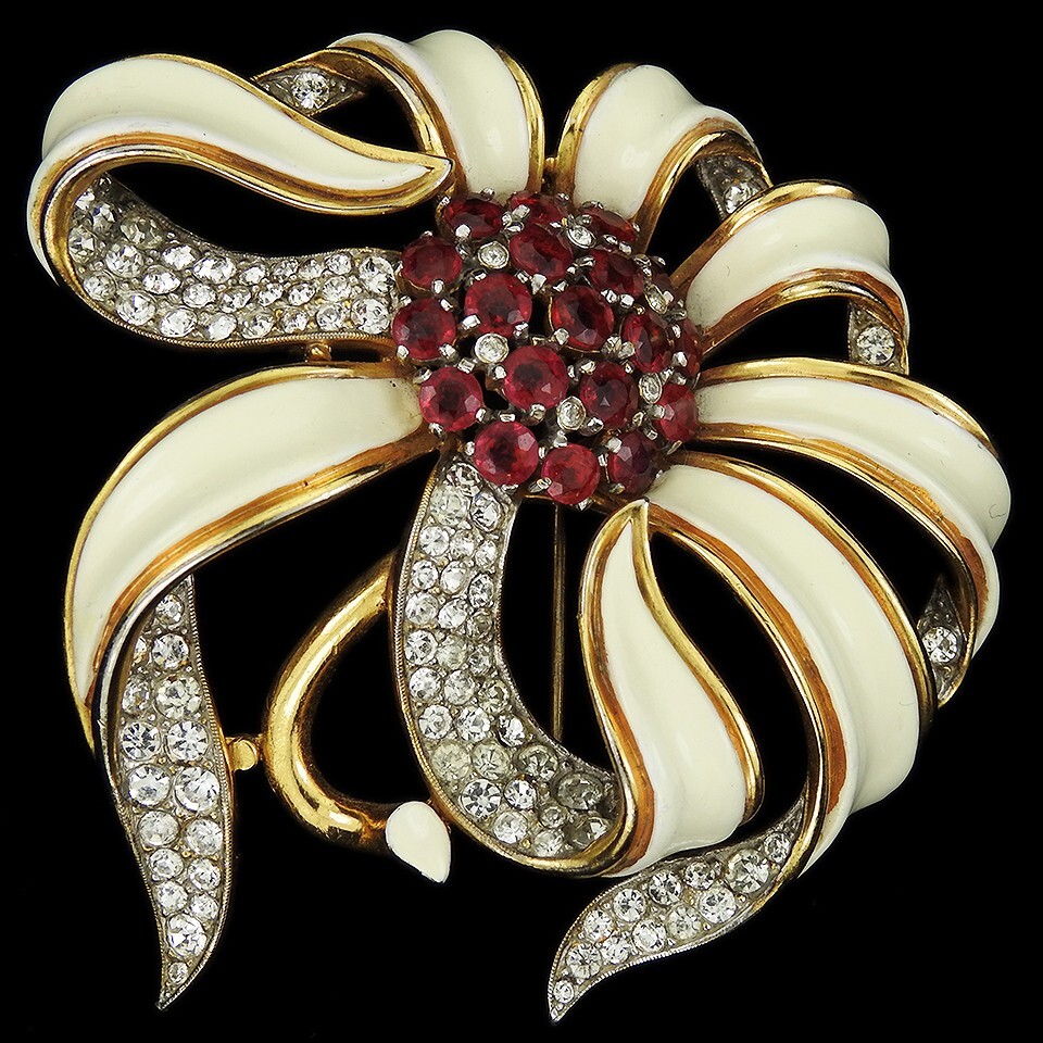 Trifari Alfred Philippe Gold Pave White Enamel & Rubi… - Gem