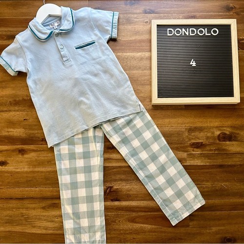 Dondolo Blue Checked Clive Short Sleeve Polo Top Pants Set Boys Cotton ...