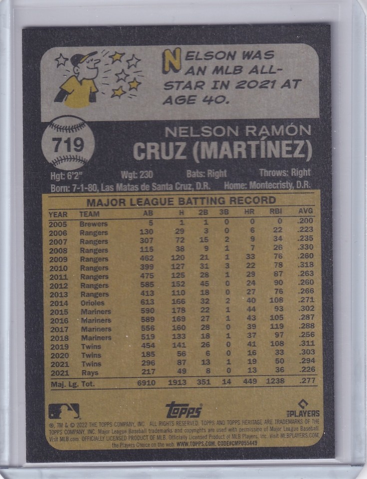 2022 Topps Heritage Chrome Baseball Purple #719 Nelson Cruz NATIONALS ...