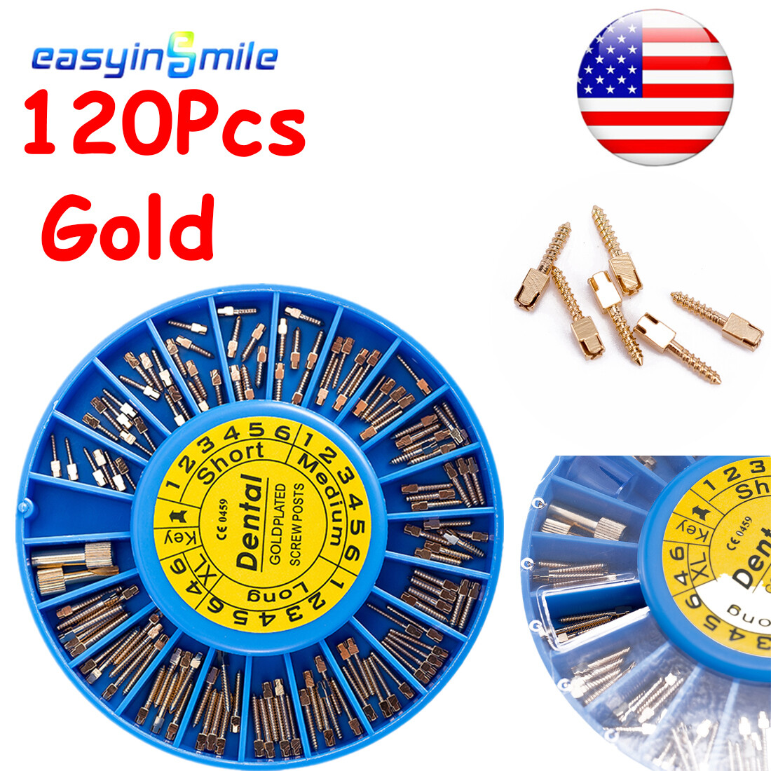 Dental Endodontic Conical Screw Post Kit Gold Plated Conical+Key 120Pcs ...