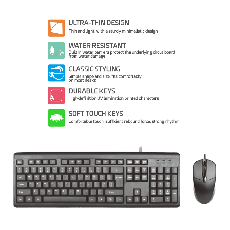 Keyboard & Mouse Combo, 9-Key, Water Resistant, Soft Touch Keys, Wired ...