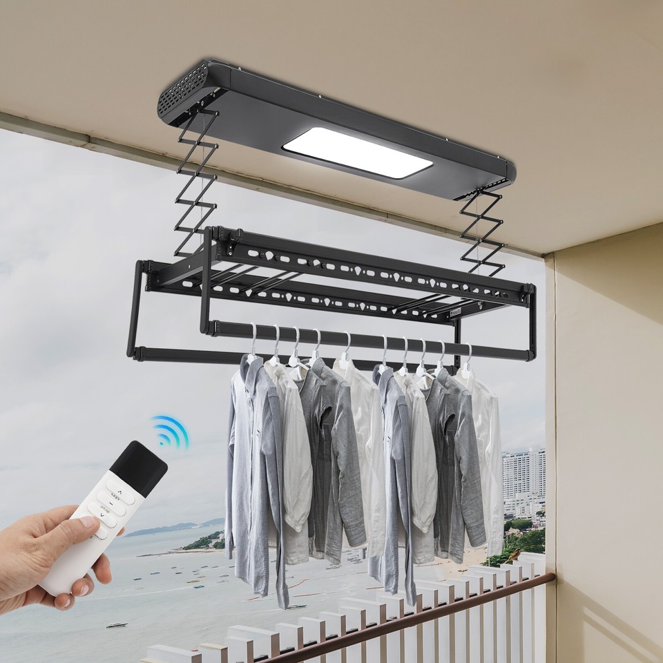 Wall and Ceiling Clothesline, Electrical Drying Rack w/ 8 Rod & Light ...