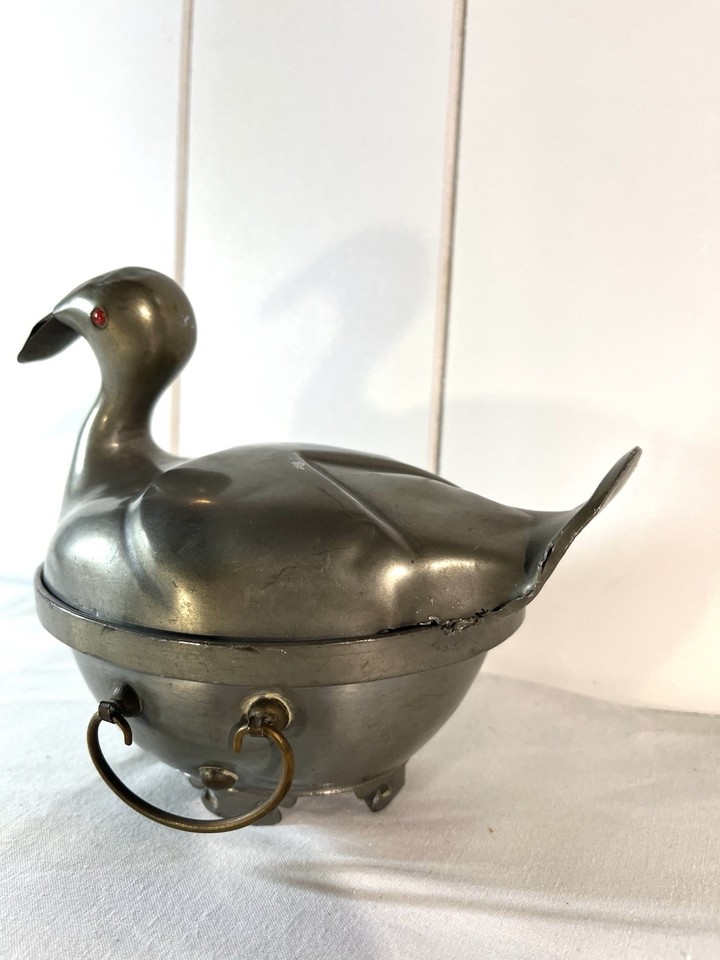 Vintage Chinese Pewter Duck Trinket Box Covered Tureen Brass Handles | eBay