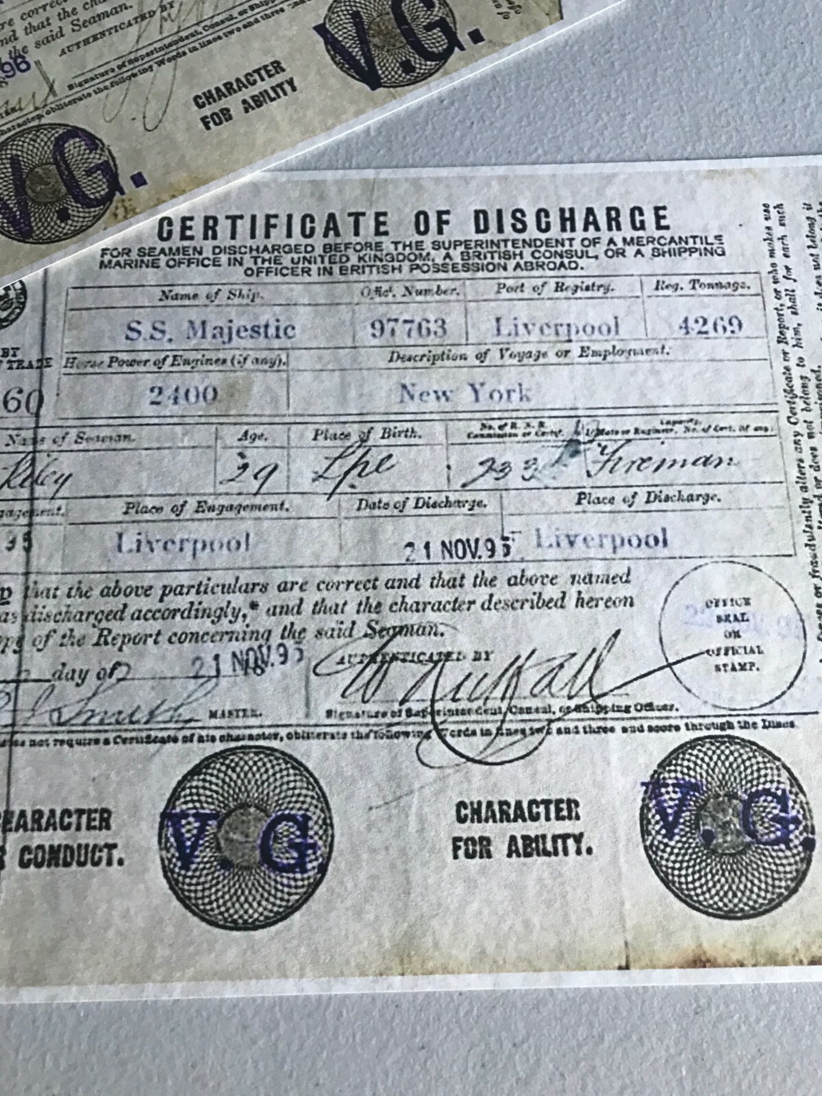 Seaman's Certificates of Discharge, RMS Titanic related, signed by EJ ...