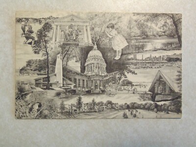 C2257 Postcard WI Wisconsin Madison collage of pencil drawings | eBay