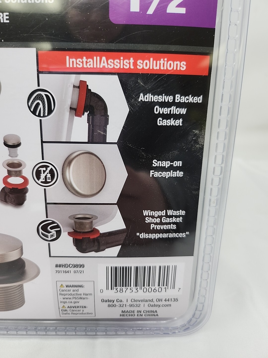 OATEY HDC-9899 BATH WASTE OVERFLOW HALF KIT TOE TOUCH CLOSURE 1 1/2" B ...