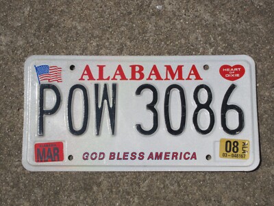 2008 Alabama Prisoner of War License Plate POW 3086 God Bless America ...