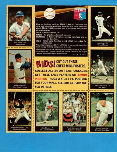 1969 Nabisco TEAM FLAKES Complete Cereal Box Back! Roberto Clemente ...