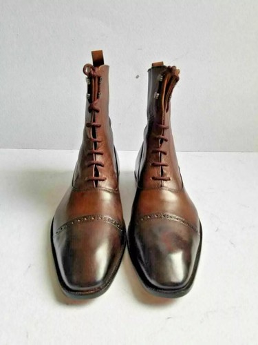 HANDMADE MENS BROWN TOE CAP LACED UP ANKLE HIGH MARCHING DRESS BOOTS ...