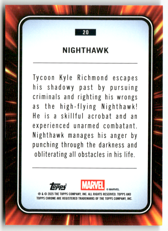Topps Marvel Chrome 2025 Card No. 20 Nighthawk Blue Green Refractor 56/ ...