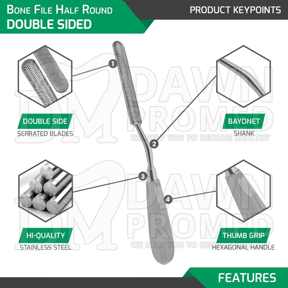 3 Pcs Bone File 10" Half Round Double Sided Bayonet Shank Orthopedic ...