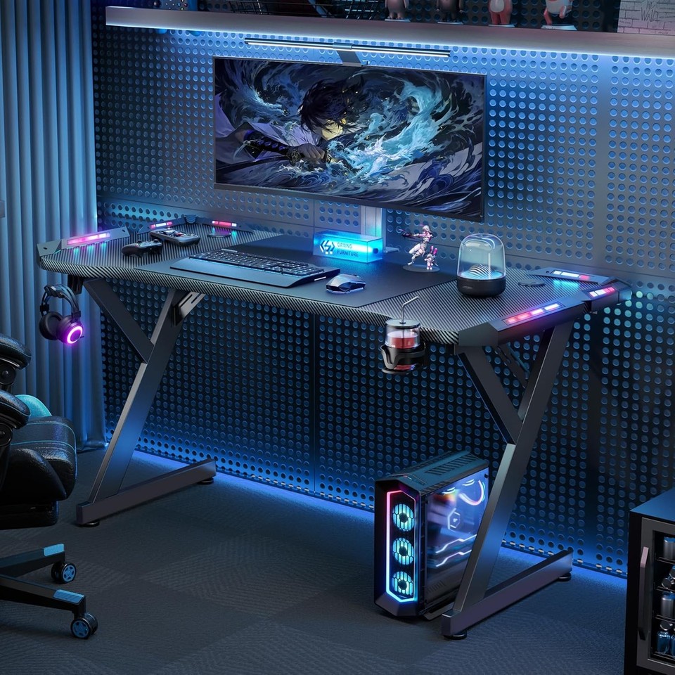 55 inch Gaming Desk with RGB LED Light, Ergonomic Gamer Desk, Computer ...
