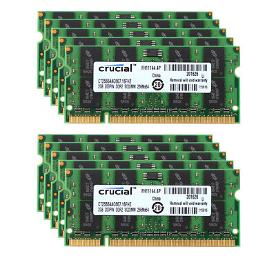 LOT Crucial 10x 2GB 2RX8 PC2-5300S DDR2 667Mhz SODIMM 200Pin RAM Laptop ...