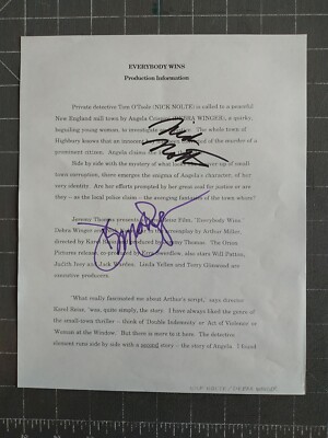 Debra Winger & Nick Nolte Autographed "Everybody Wins" Movie Production ...