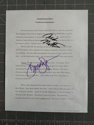 Debra Winger & Nick Nolte Autographed "Everybody Wins" Movie Production ...
