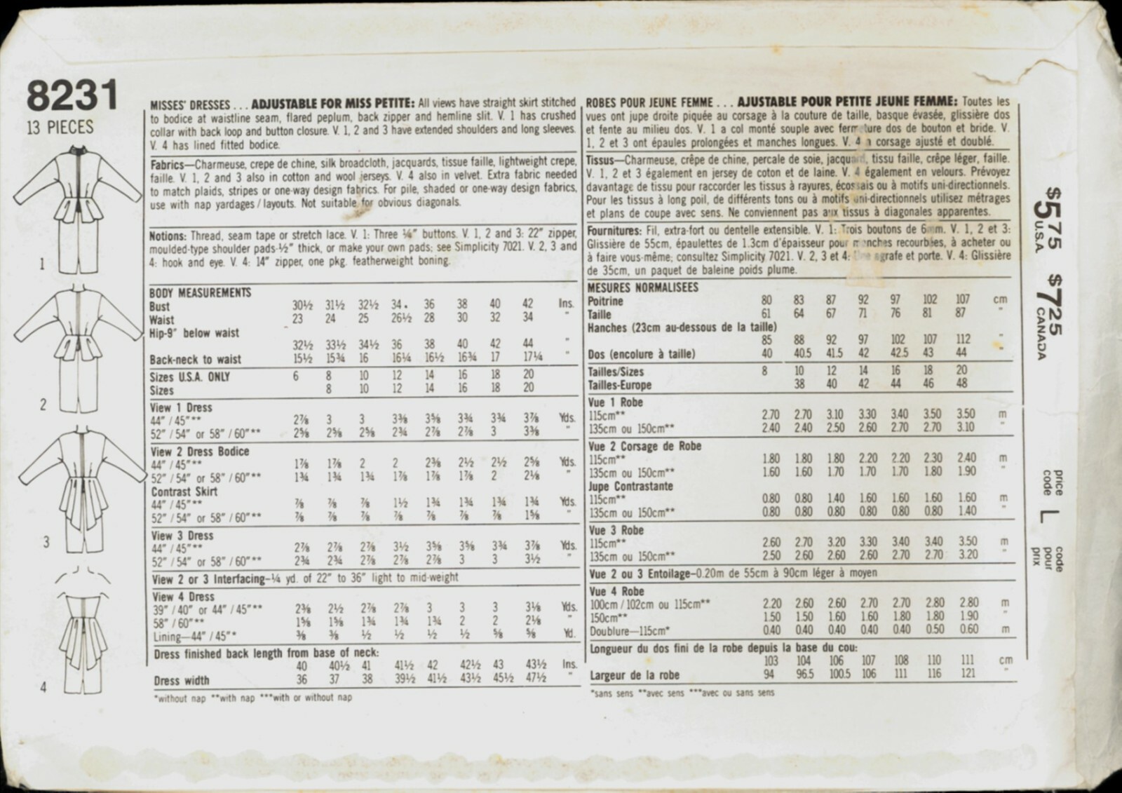 UC Sz 6-10 B 30 ½-32 ½ Peplum Dress Simplicity 8231 Pattern Petite Able ...