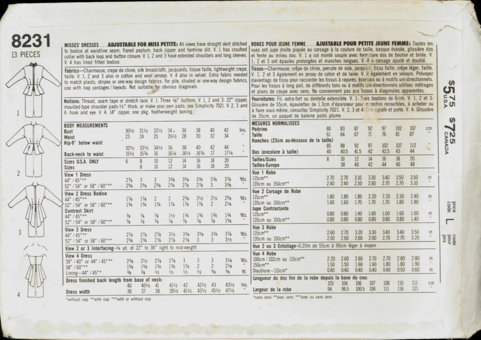 UC Sz 6-10 B 30 ½-32 ½ Peplum Dress Simplicity 8231 Pattern Petite Able ...