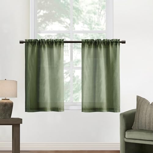 Olive Green Linen Kitchen Curtains 24 Inch Length Rustic Farmhouse Boho ...