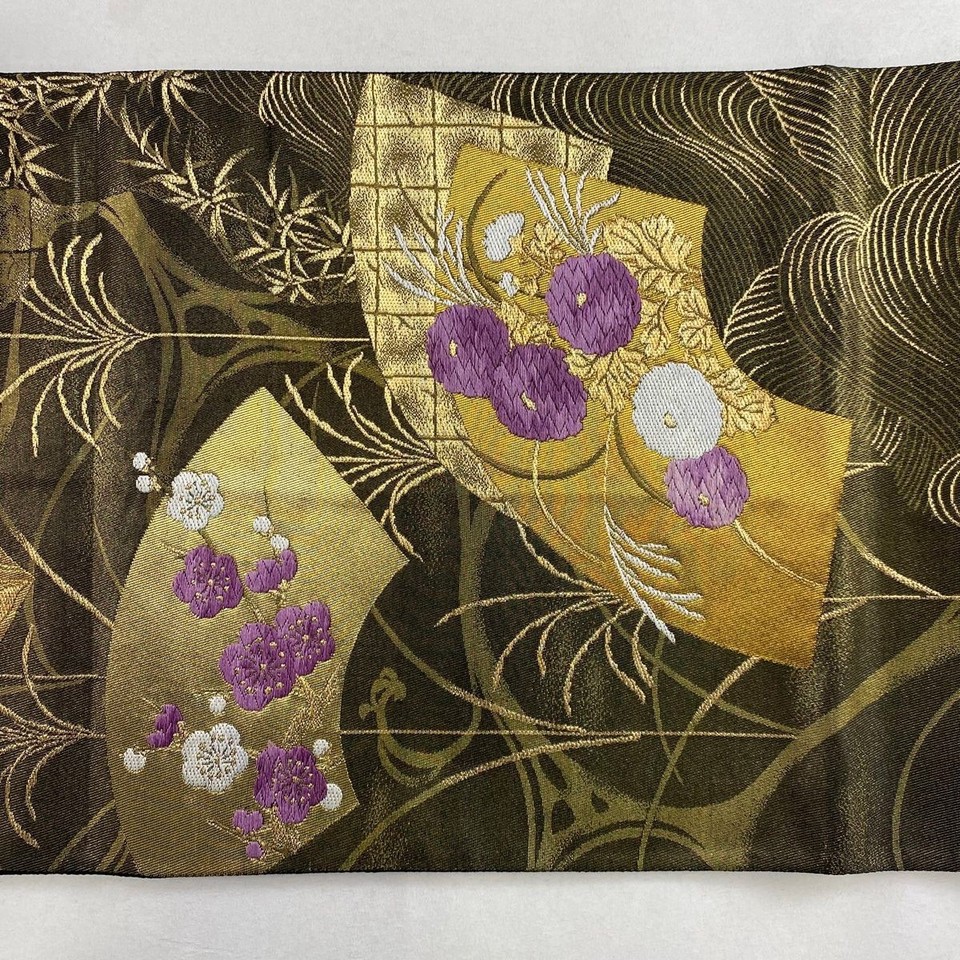Kimono Otaiko Fukuro Obi Masterpiece Fan Mask Branch Plum Gold Thread ...