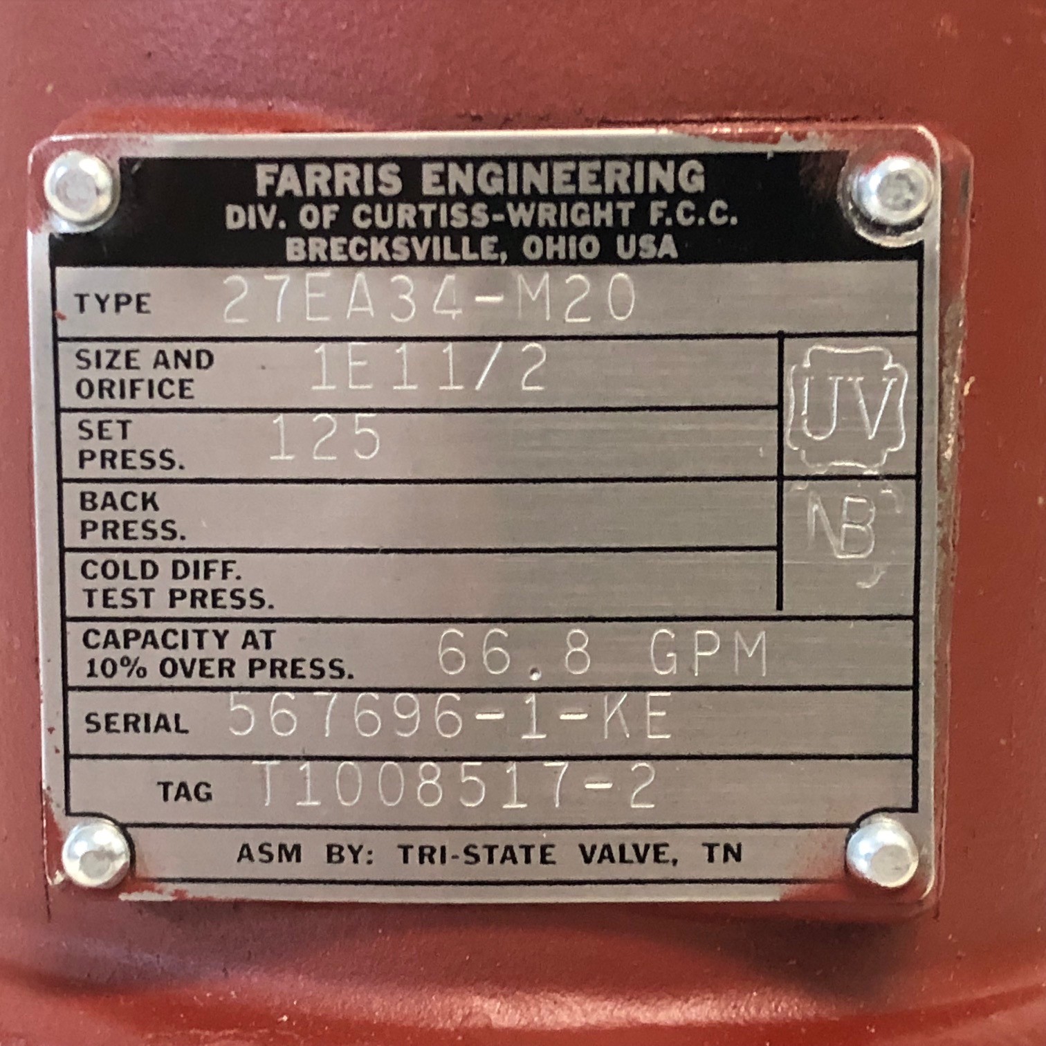 FARRIS 27EA34-M20 PRESSURE RELIEF VALVE 1"X1-1/2" CURTISS-WRIGHT for ...