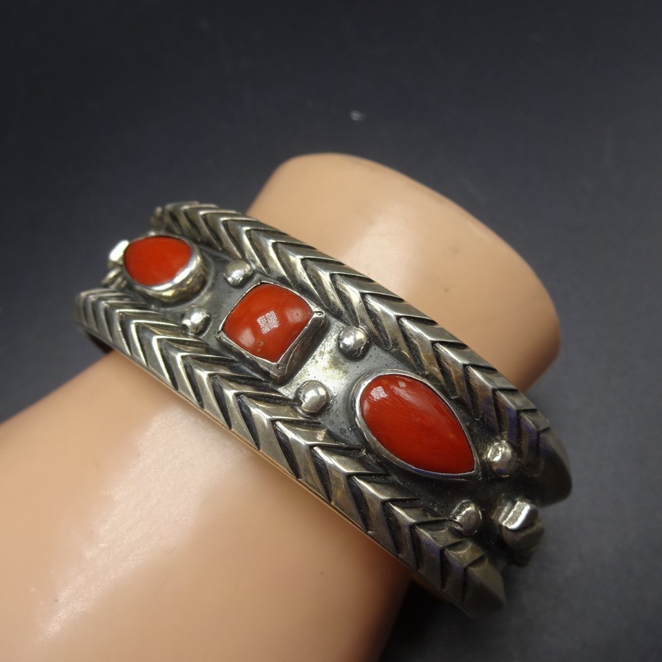 OLD Heavy Gauge CHISEL Stamped Sterling Silver CORAL Cuff BRACELET 60g ...