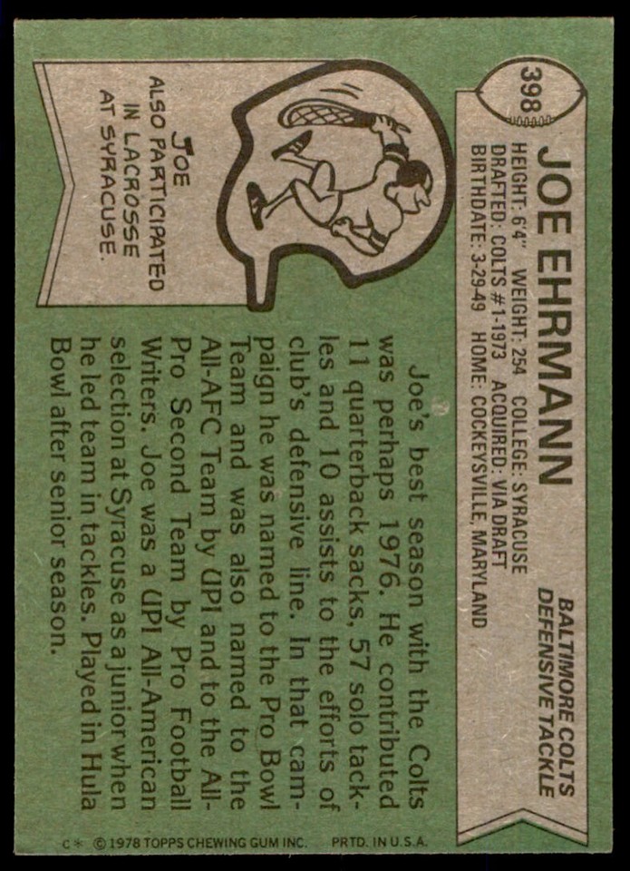1978 TOPPS JOE EHRMANN . BALTIMORE COLTS #398 | eBay