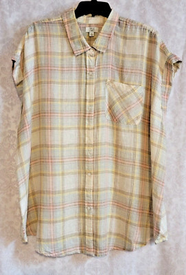 True Craft Shirt Womens Plus Size 2X Top Linen Blend Pastel Plaid Button Down | eBay