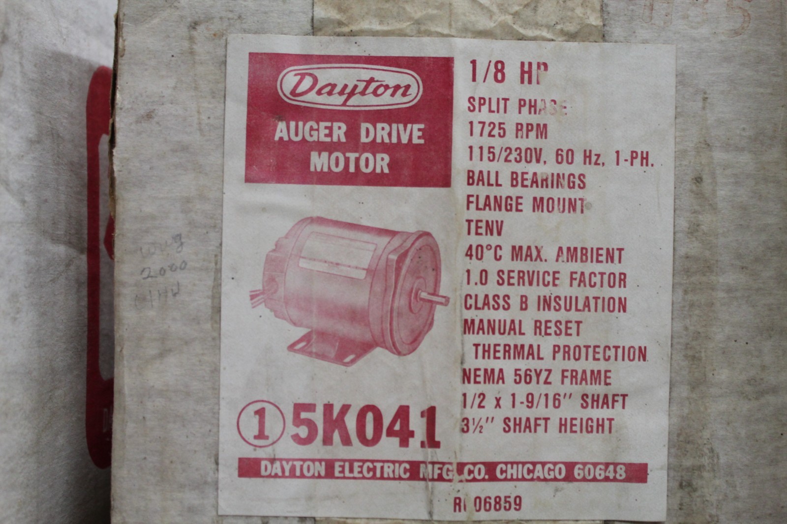 Dayton Auger Drive Motor - 1/8HP - 115/230V - 1725RPM NEMA 56YZ FRAME ...